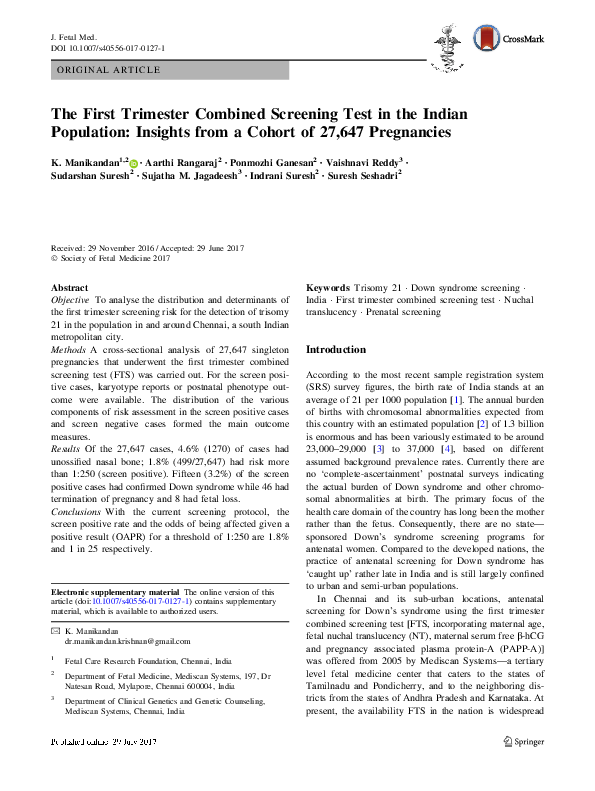 (PDF) The First Trimester Combined Screening Test in the Indian ...