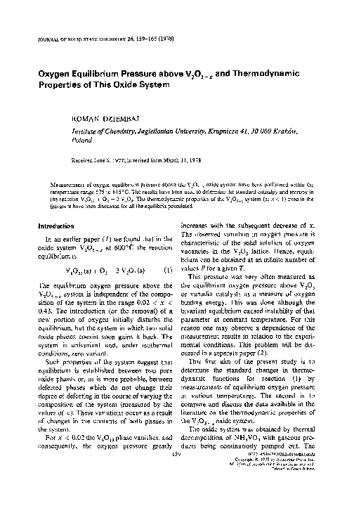 (PDF) Oxygen equilibrium pressure above V2O5−x and thermodynamic ...