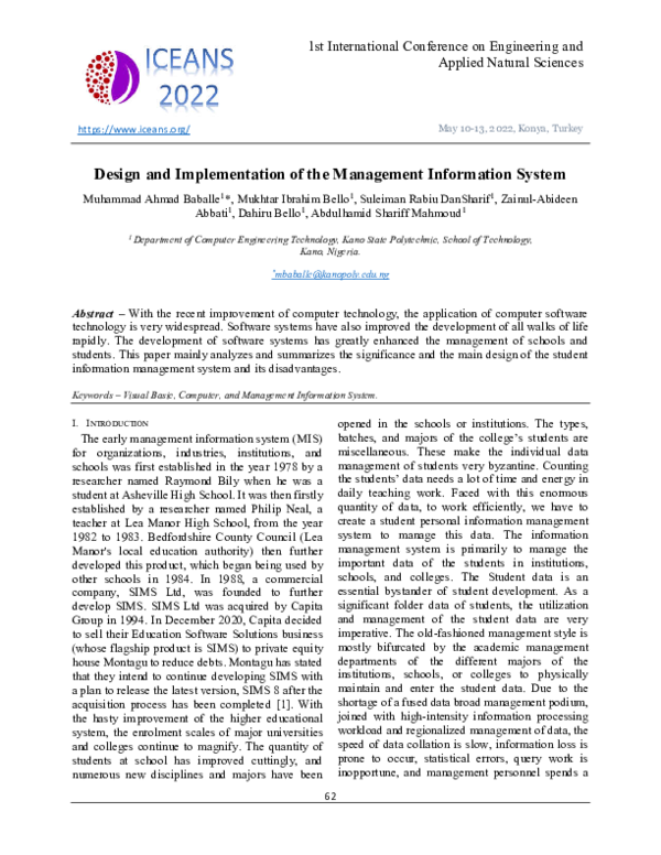 (PDF) Design and Implementation of the Management Information System