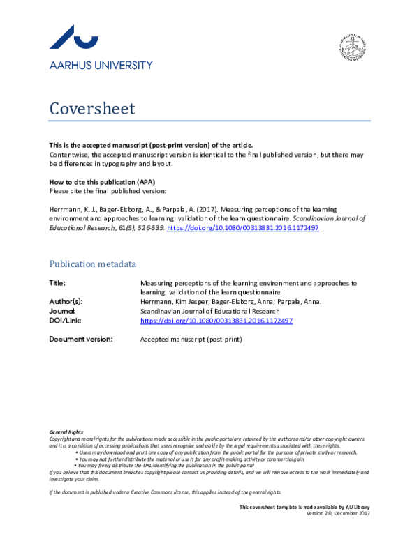 (PDF) Measuring perceptions of the learning environment and approaches ...