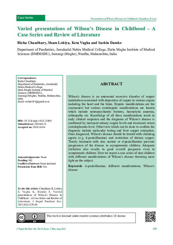(PDF) Varied presentations of Wilson’s Disease in Childhood - A Case ...