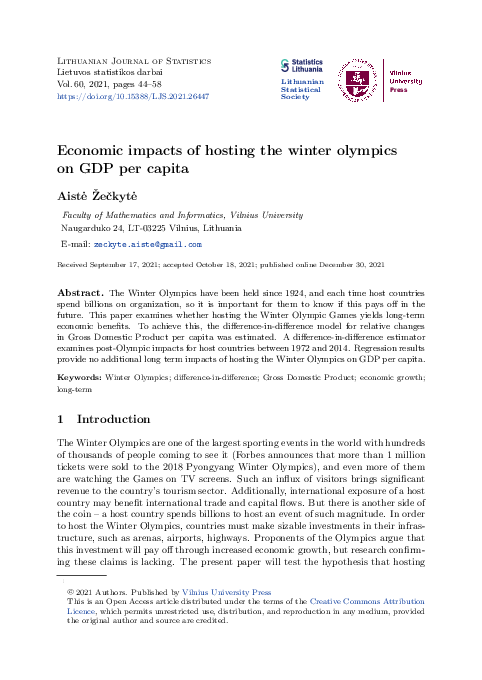 (PDF) Economic impacts of hosting the winter olympics on GDP per capita