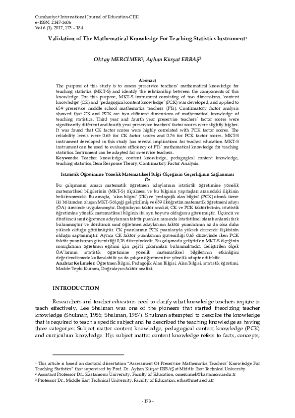 (PDF) Validation of The Mathematical Knowledge For Teaching Statistics Instrument 1