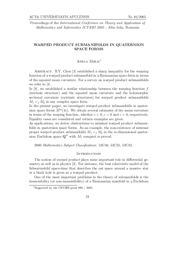 (PDF) Warped Product Submanifolds in Quaternion Space Forms