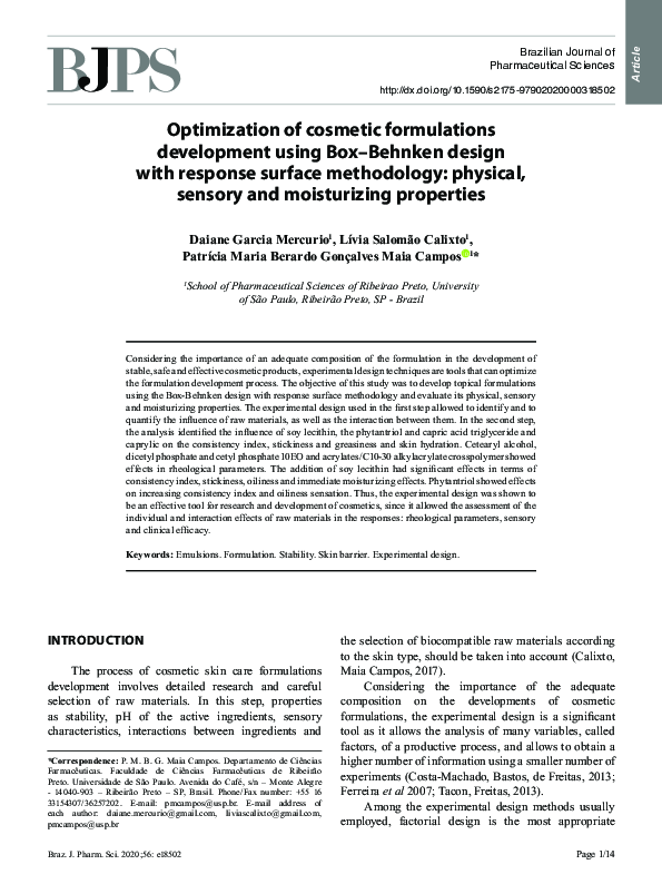 (PDF) Optimization of cosmetic formulations development using Box-Behnken design with response ...