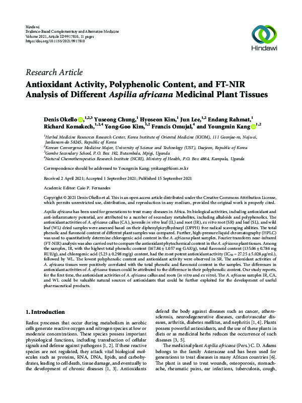 (PDF) Antioxidant Activity, Polyphenolic Content, and FT-NIR Analysis of Different Aspilia ...