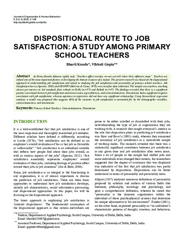 (PDF) Dispositional Route to Job Satisfaction A Study among Primary ...