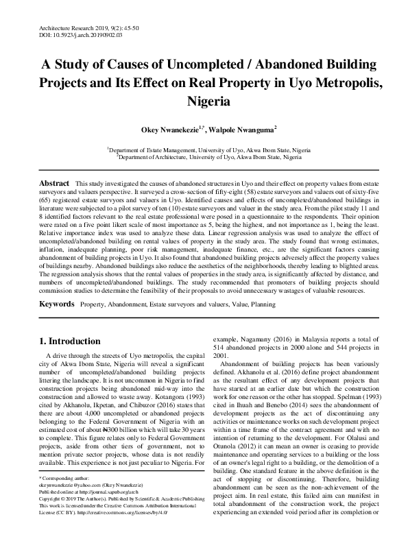 (PDF) A Study of Causes of Uncompleted / Abandoned Building Projects ...