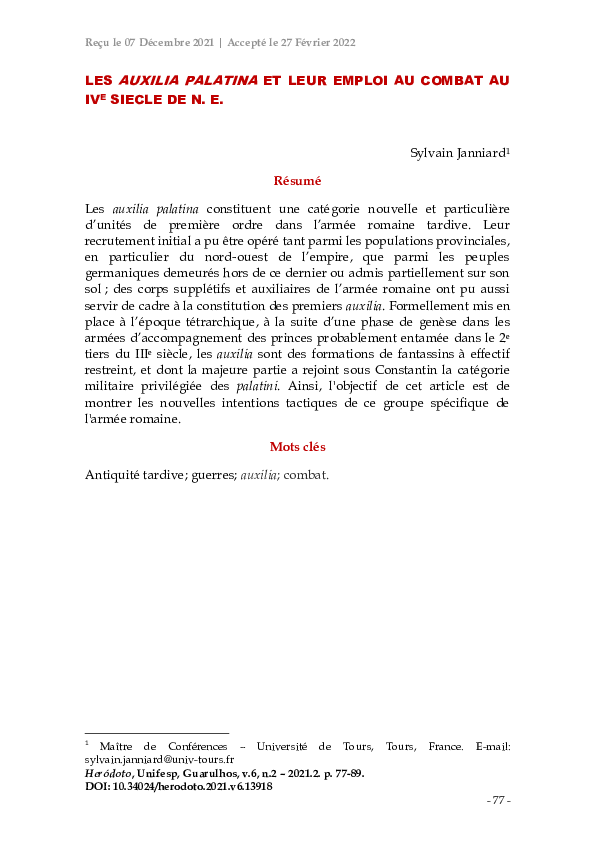(PDF) Les auxilia palatina et leur emploi au combat au IVe siècle de n. è.
