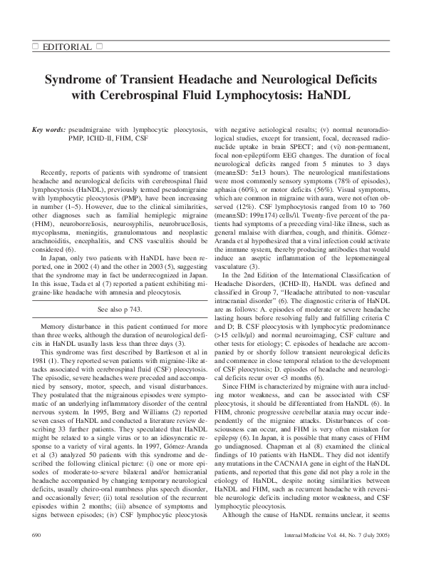 (PDF) Syndrome of Transient Headache and Neurologic Deficits With Cerebrospinal Fluid ...
