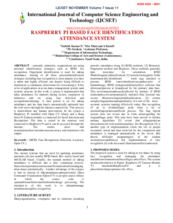 Pdf Raspberry Pi Based Face Identification Attendance System
