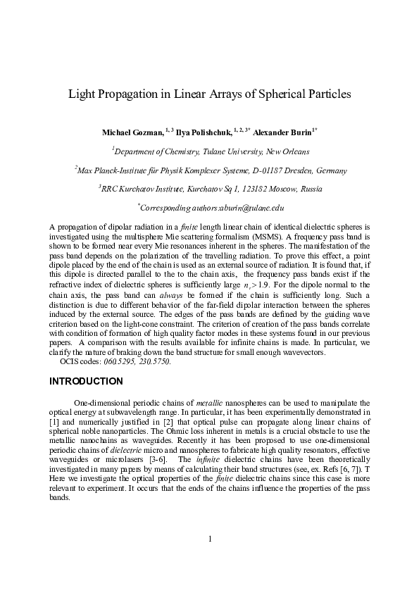 Pdf Light Propagation In Linear Arrays Of Spherical Particles