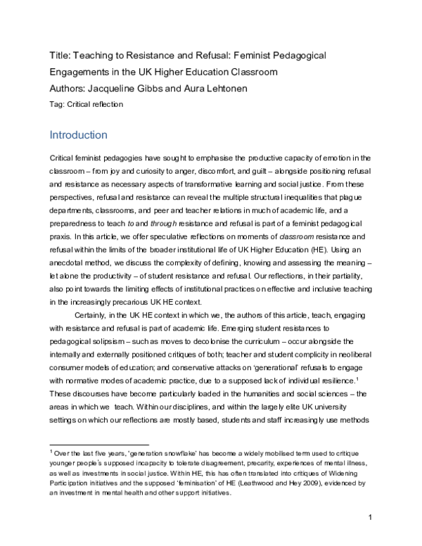 (PDF) Teaching to Resistance and Refusal: Feminist Pedagogical ...