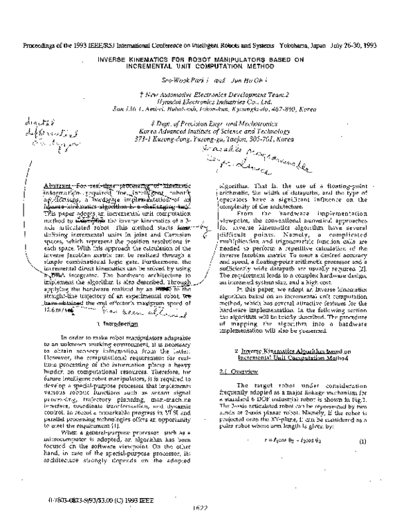 Pdf Inverse Kinematics For Robot Manipulators Based On Incremental Unit Computation Method