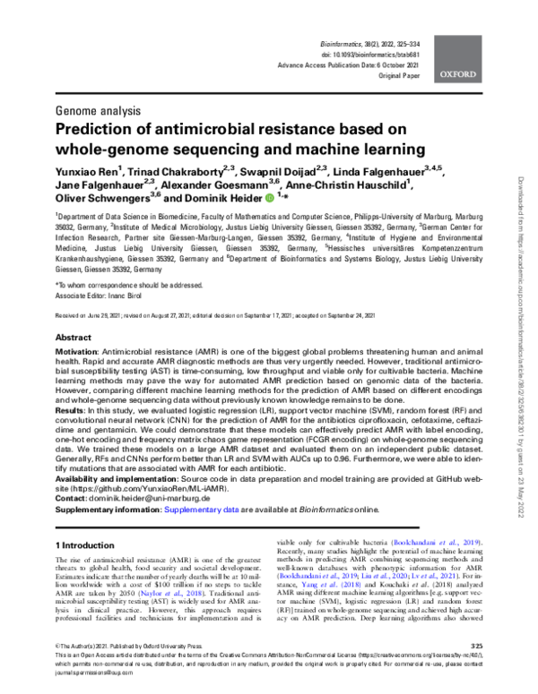 (PDF) Prediction of antimicrobial resistance based on whole-genome sequencing and machine learning