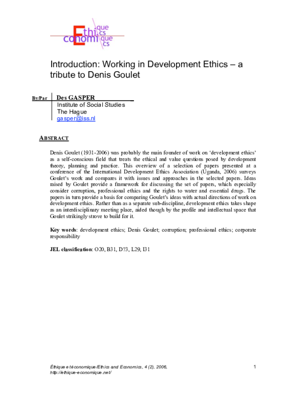 (PDF) Introduction: Working in Development Ethics – a