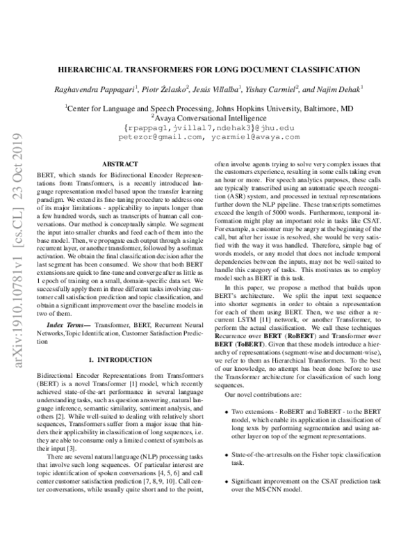 (PDF) Hierarchical Transformers for Long Document Classification