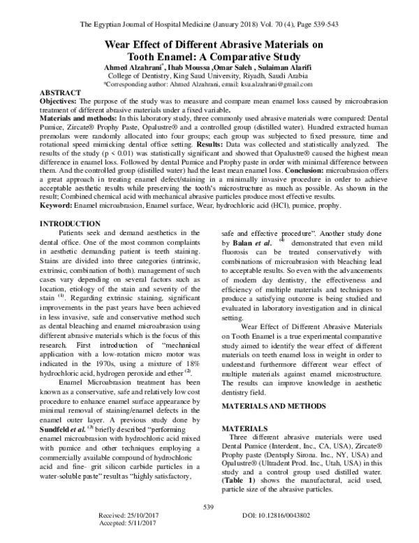 (PDF) Wear Effect of Different Abrasive Materials on Tooth Enamel : A ...