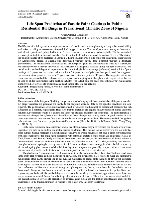 (PDF) Life Span Prediction of Façade Paint Coatings in Public ...