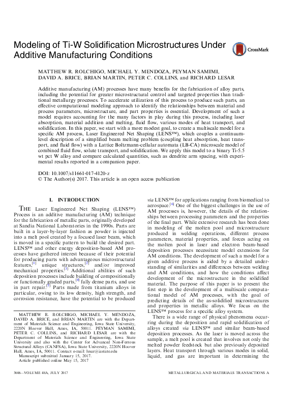 (PDF) Modeling of Ti-W Solidification Microstructures Under Additive Manufacturing Conditions