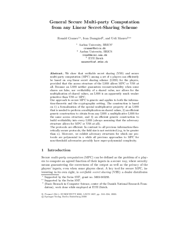 (PDF) General Secure Multi-party Computation from any Linear Secret-Sharing Scheme