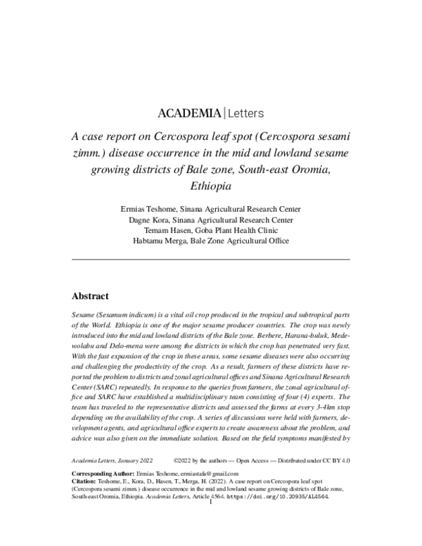 (PDF) A case report on Cercospora leaf spot (Cercospora sesami zimm ...