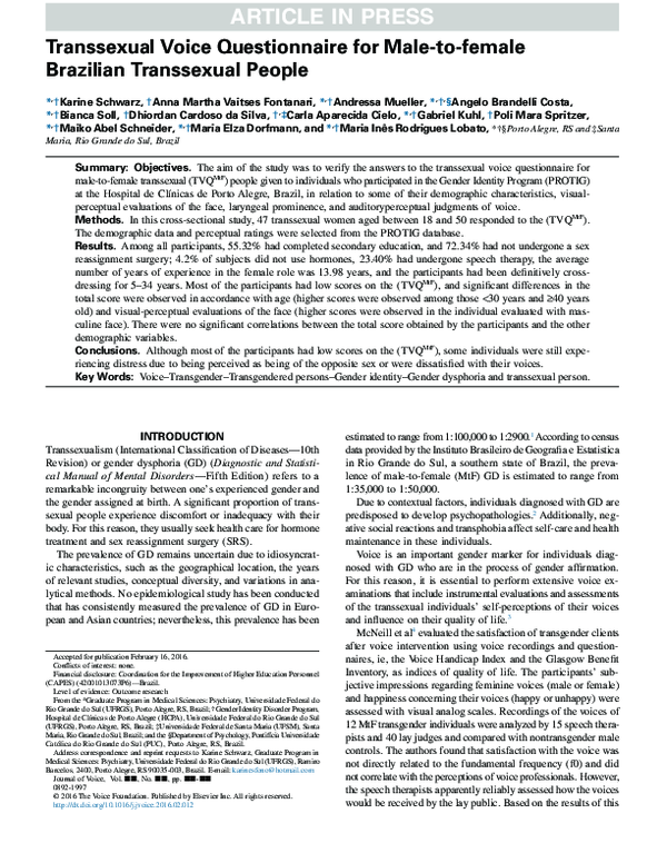 (PDF) Transsexual Voice Questionnaire for Male-to-Female Transsexuals