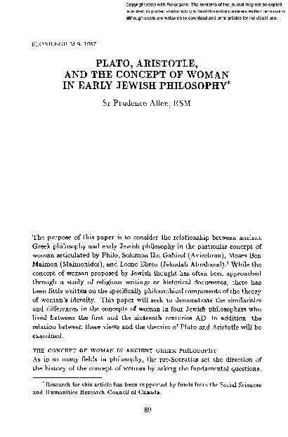 (PDF) Plato, Aristotle, and the Concept of Woman in Early Jewish Philosophy