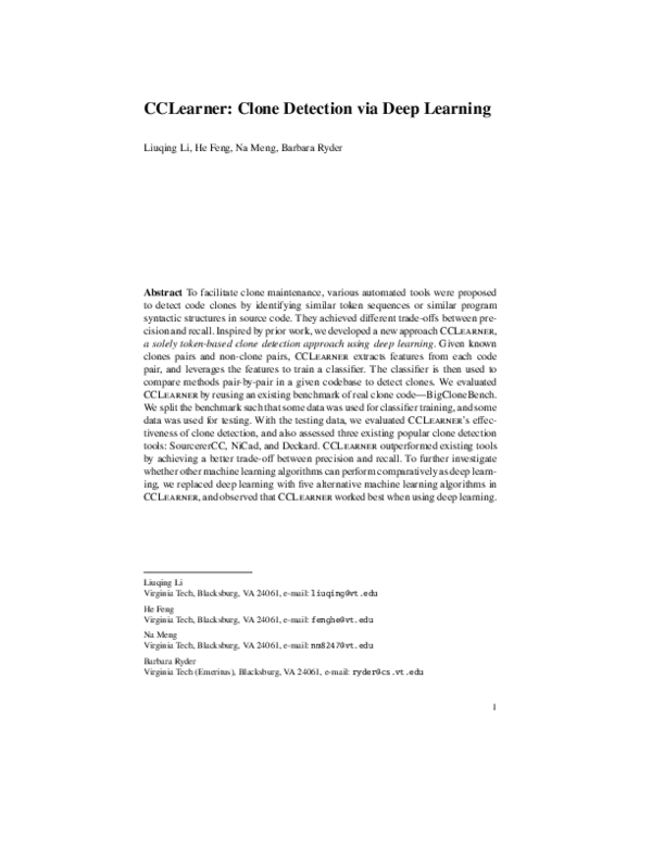 (PDF) CCLearner: Clone Detection via Deep Learning