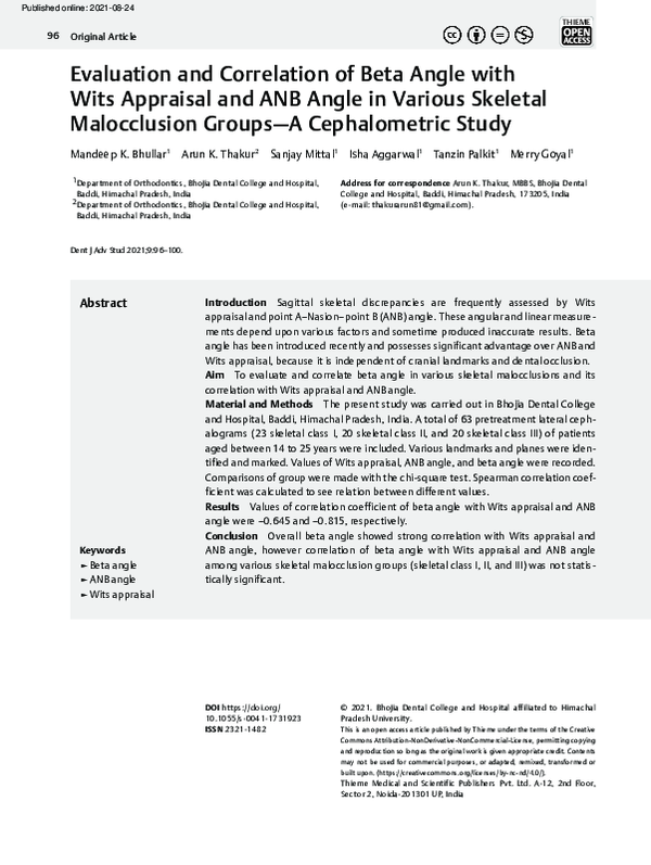 (PDF) Evaluation and Correlation of Beta Angle with Wits Appraisal and ...