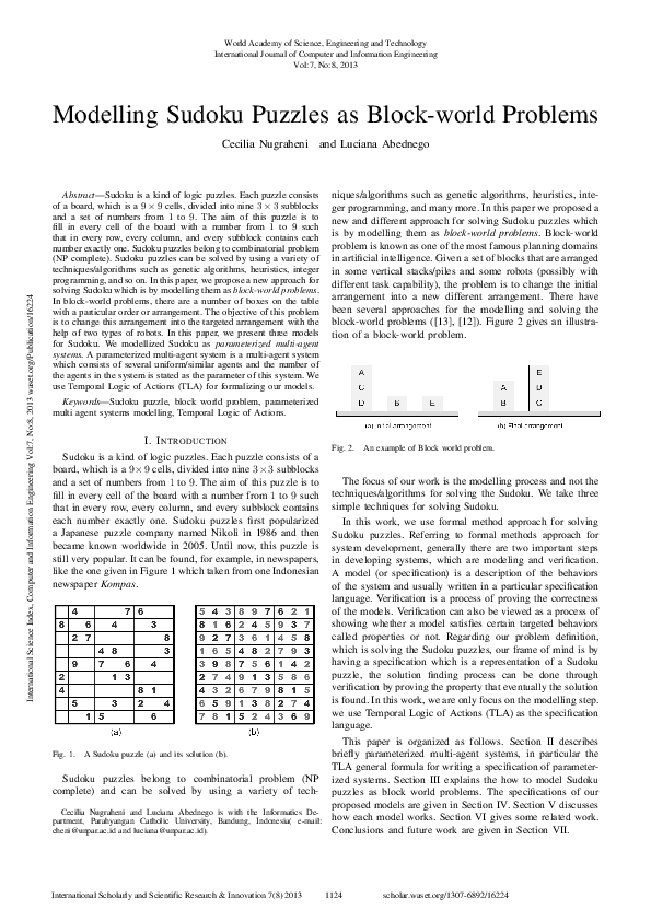 (PDF) Modelling Sudoku Puzzles As Block-World Problems