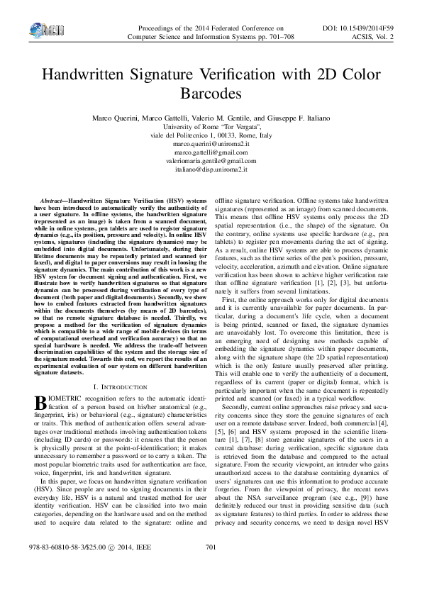 (PDF) Handwritten Signature Verification with 2D Color Barcodes ...