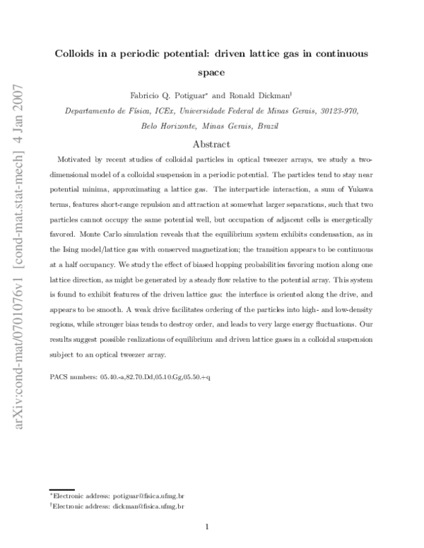 (PDF) Colloids in a periodic potential: Driven lattice gas in ...
