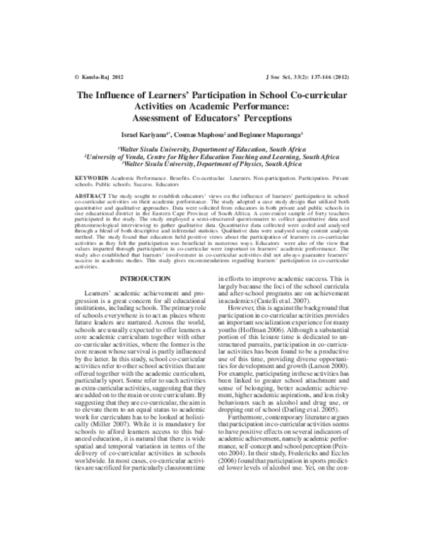 (PDF) The Influence of Learners’ Participation in School Co-curricular ...