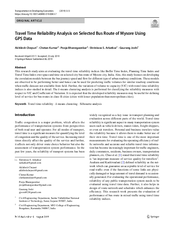 (PDF) Travel Time Reliability Analysis on Selected Bus Route of Mysore Using GPS Data