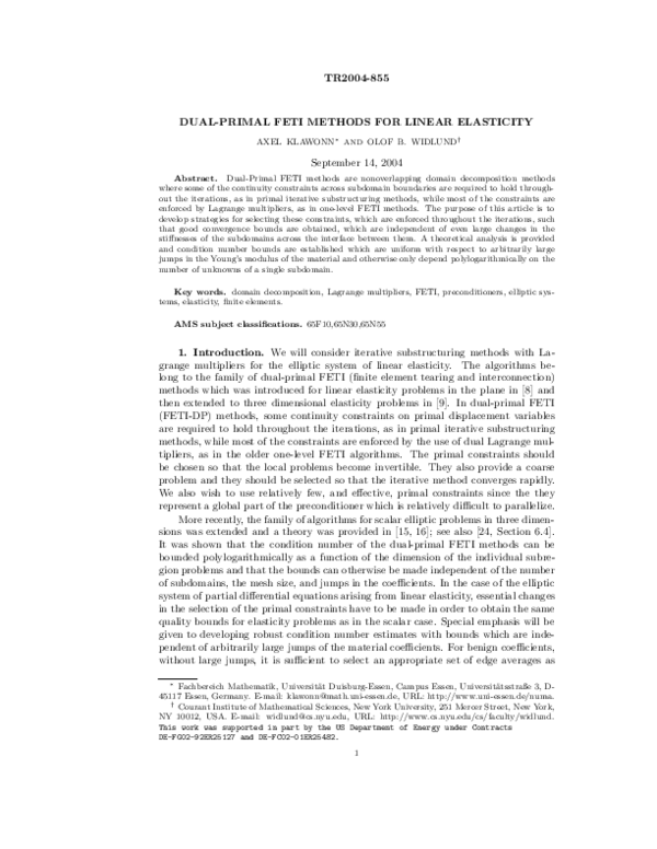 (PDF) Dual-primal FETI methods for linear elasticity