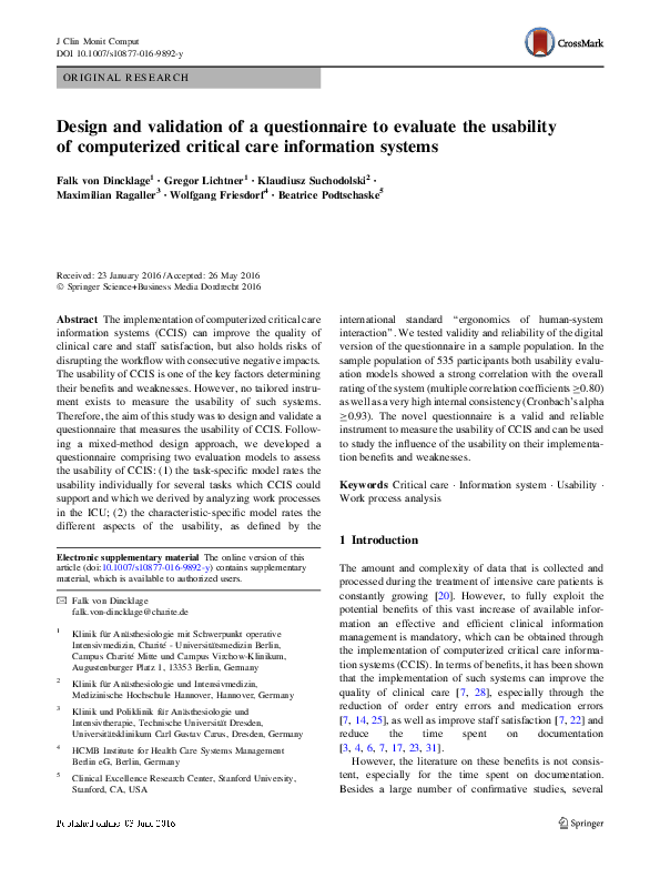 (PDF) Usability Questionnaire for Critical Care Systems