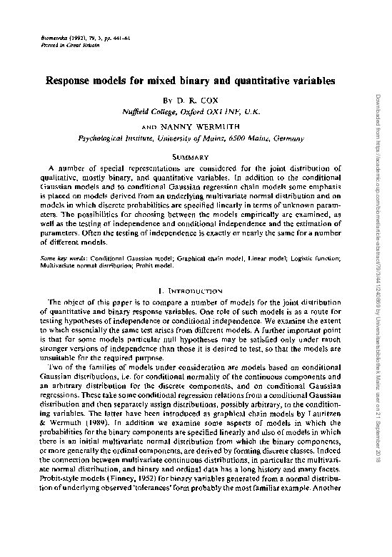 (PDF) Response models for mixed binary and quantitative variables