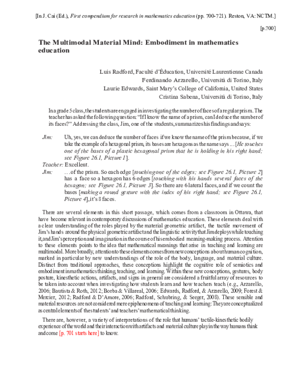 (PDF) The Multimodal Material Mind: Embodiment in Mathematics Education