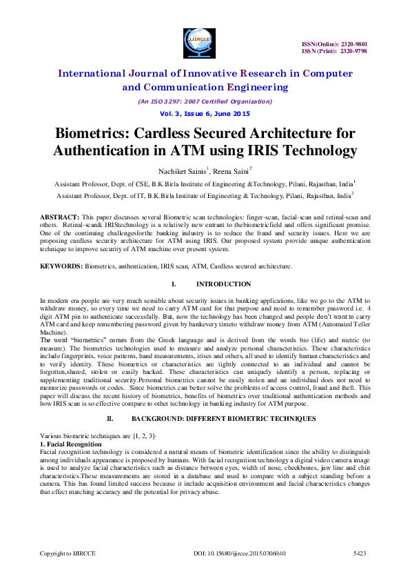 Pdf Biometrics Cardless Secured Architecture For Authentication In