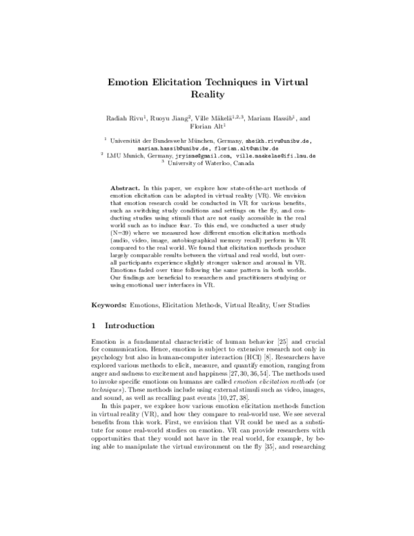 (PDF) Emotion Elicitation Techniques in Virtual Reality