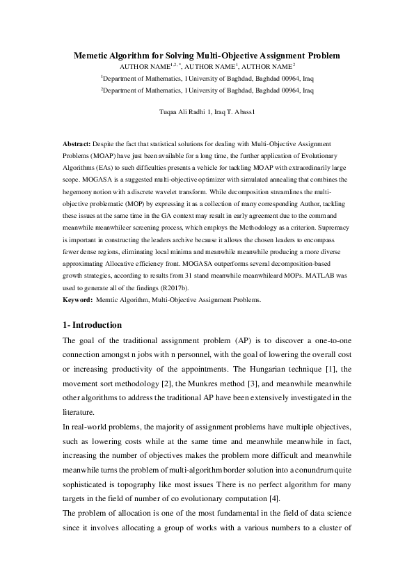 Pdf Memetic Algorithm For Solving Multi Objective Assignment Problem Iraq Tarik Abbas