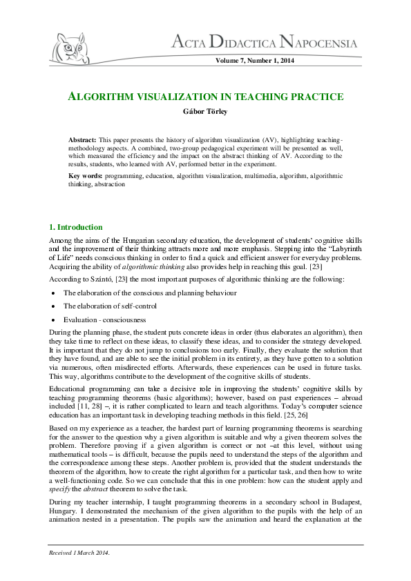 (PDF) Algorithm visualization in teaching practice | Gábor Törley - Academia.edu