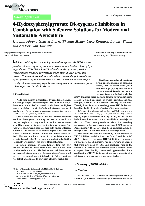 (PDF) 4-Hydroxyphenylpyruvate Dioxygenase Inhibitors in Combination ...