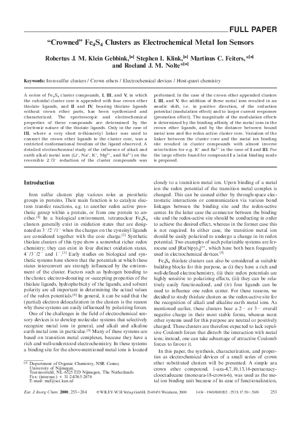 (PDF) “Crowned” Fe4S4 Clusters as Electrochemical Metal Ion Sensors