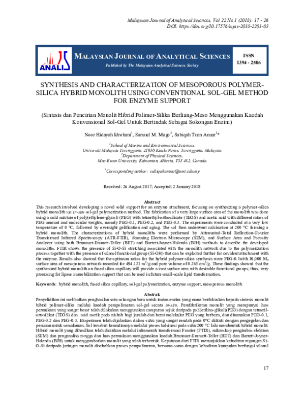 (PDF) SYNTHESIS AND CHARACTERIZATION OF MESOPOROUS POLYMER- SILICA HYBRID MONOLITH USING ...