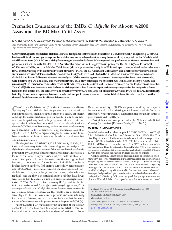 (PDF) Premarket Evaluations of the IMDx C. difficile for Abbott m2000 Assay and the BD Max Cdiff ...