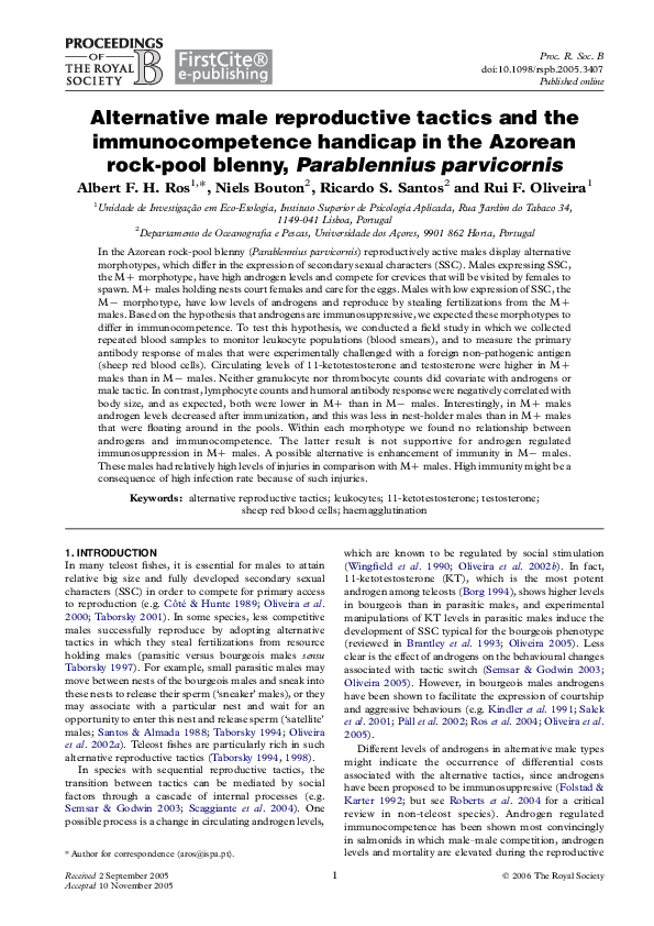 (PDF) Alternative male reproductive tactics and the immunocompetence ...