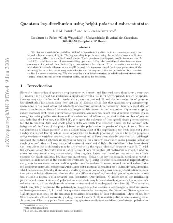 (PDF) Quantum key distribution using bright polarized coherent states