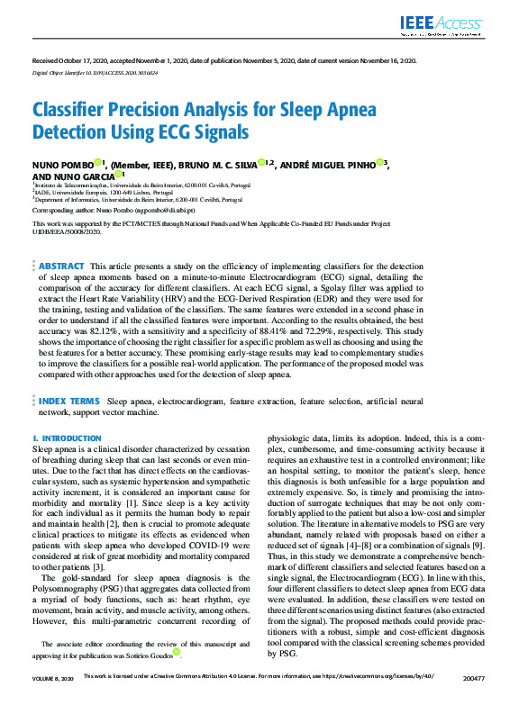 Pdf Classifier Precision Analysis For Sleep Apnea Detection Using Ecg